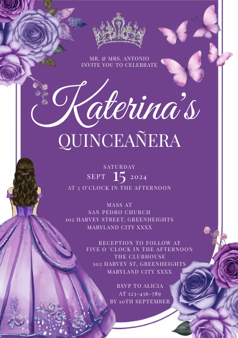 Purple Floral Quinceanera Invitation Cards A4 Template | PosterMyWall