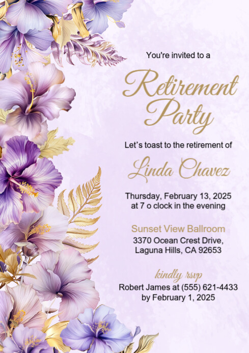 Plantilla de Purple Floral Retirement Party Invitation A4 | PosterMyWall