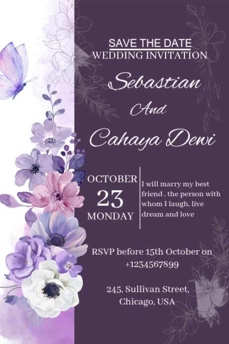 Purple Floral Wedding Invitation Poster Template | PosterMyWall