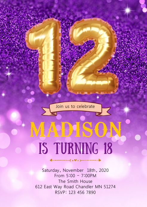 Purple foil number 12 birthday Template | PosterMyWall