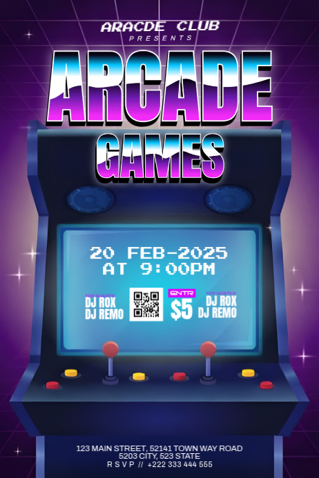 Purple Futuristic Arcade Games Poster Templat | PosterMyWall