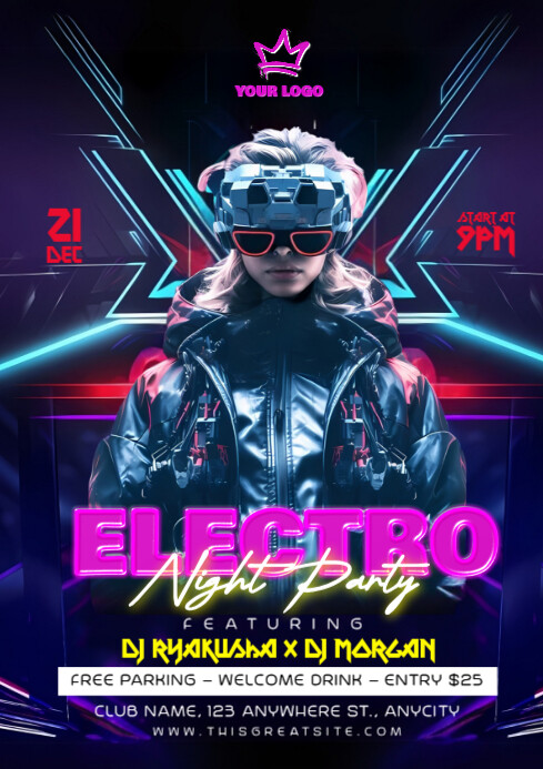 Plantilla de Purple Futuristic Electro Night Party A4 | PosterMyWall