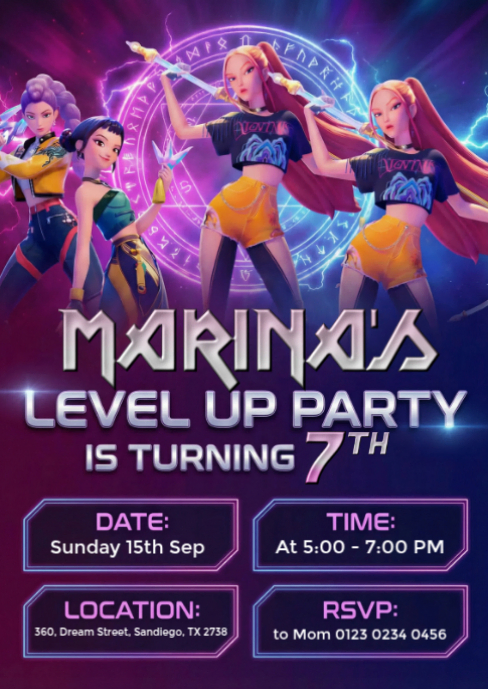 Purple Futuristic K-pop Themed Kids Birthday Invitation A6 Template ...