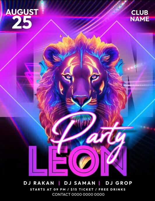 Plantilla de Purple Futuristic Leon Party Flyer (us Lette | PosterMyWall