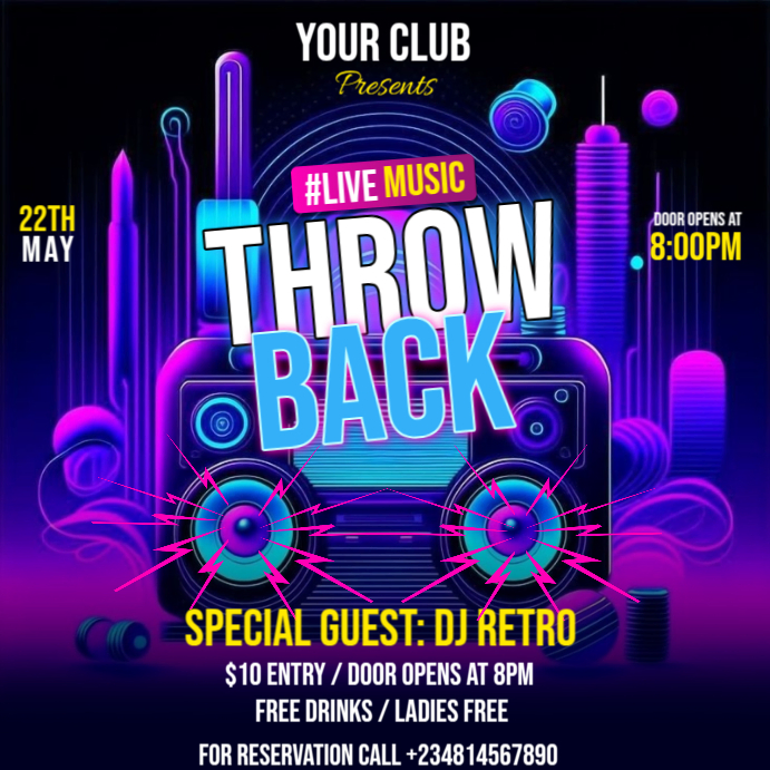 Purple futuristic Vintage Throwback Night Party Flyer Instagram Post ...