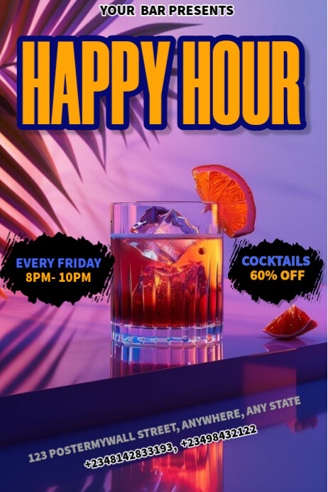 Purple Gradient Happy Hour Cocktail Poster Template | PosterMyWall