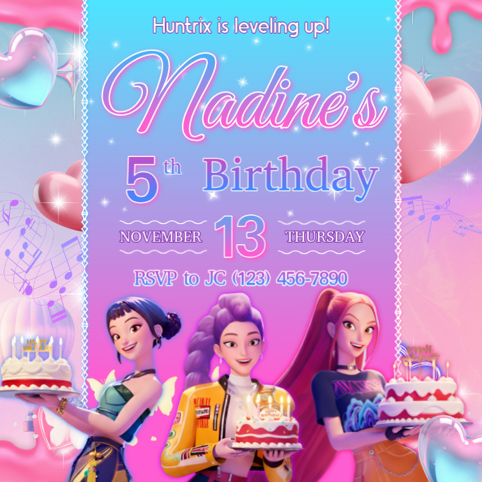 Purple Gradient Huntrix Kpop Demon Hunters Birthday Invitation Instagram Post Template ...