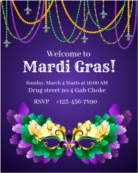 Purple Gradient Mardi Gras Party Invitation Flyers Instagram Portrait ...