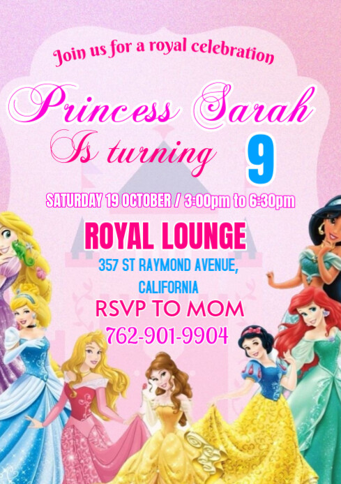 Purple Illustrative Disney Princess Birthday Party Flyer A4 Template ...
