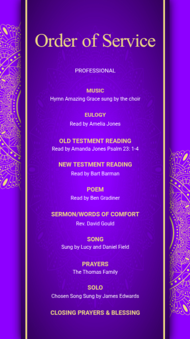 Purple Illustrative Funeral Order Of Service Digital Display Template ...