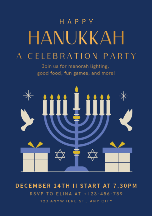 Purple Illustrative Hanukkah Dinner Party Invitation Ad Flyer Design A4 ...