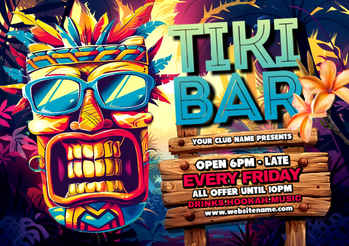 Purple Illustrative Tiki Bar A5 Template | PosterMyWall