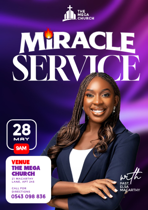 Purple Joyful 3D Miracle Service Church Event Flyer A4 Print Template ...
