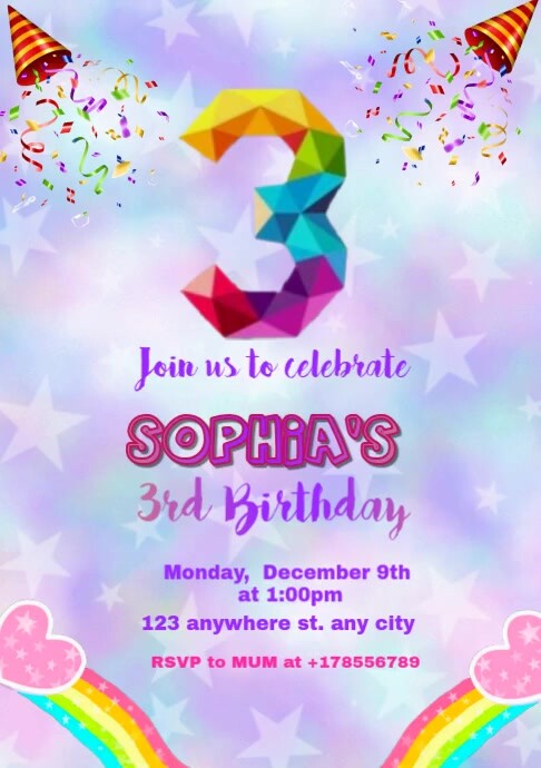 Purple Joyful 3rd Birthday Invitations / Third Birthday A5 Template ...