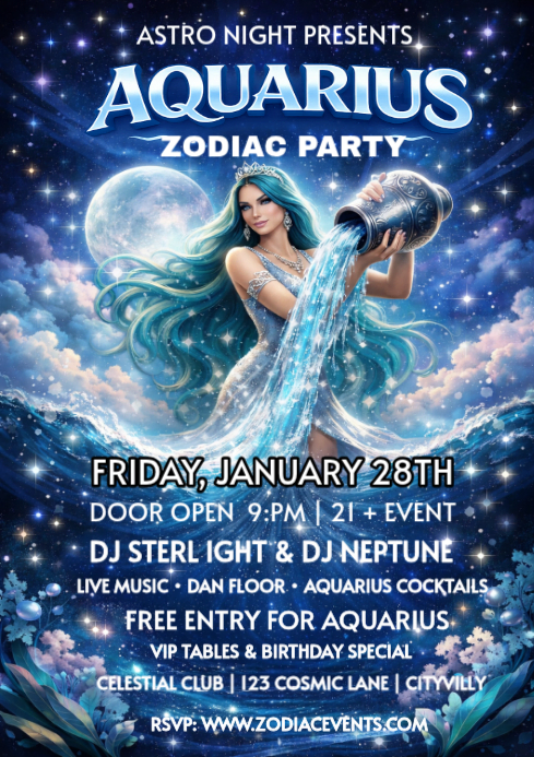 Copy of Purple Joyful Aquarius Party Flyer Design A4 | PosterMyWall