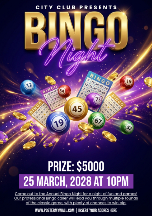 Plantilla de Purple Joyful Bingo Night Event A4 | PosterMyWall