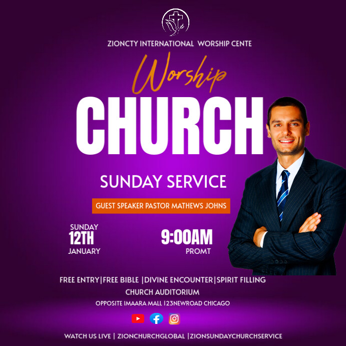 Purple Joyful Church Sunday Service Instagram Post Template | PosterMyWall