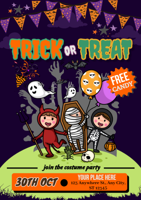 Purple Joyful Halloween Trick Or Treat A4 Template | PosterMyWall