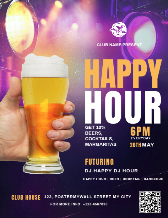 Purple Joyful Happy Hour Event Flyer Template | PosterMyWall