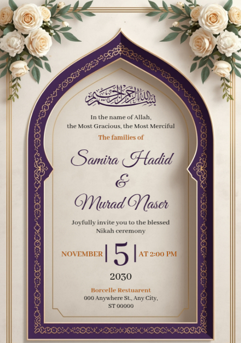 Purple Joyful Islamic Wedding Invitation A5 Template | PosterMyWall