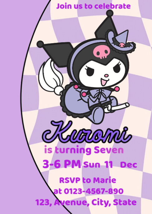 Purple Joyful Kuromi Invitation Birthday A6 Template | PosterMyWall
