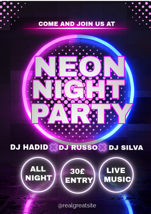 Purple Joyful Neon Party A5 Template | PosterMyWall