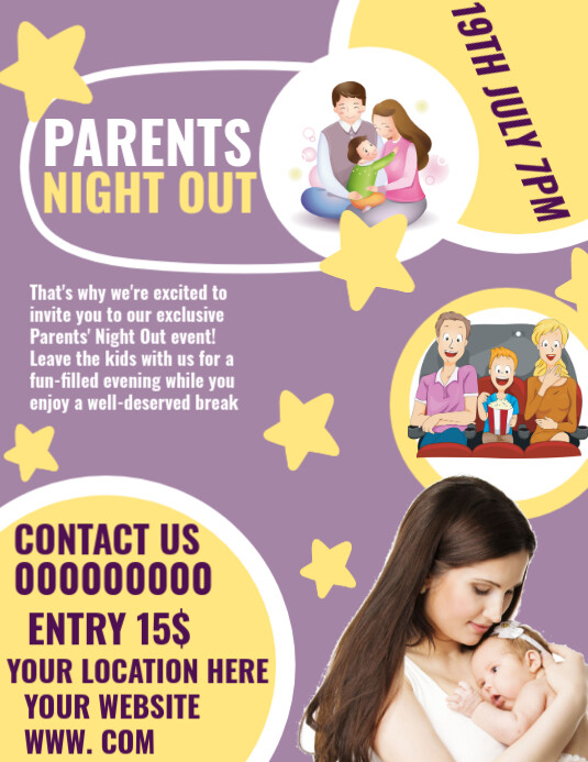 Purple Joyful Parents Night Out Party Poster Flyer (us Letter) Template ...