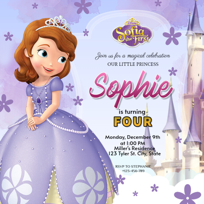 Purple Joyful Sofia The First Birthday Instagram Post Template | PosterMyWall