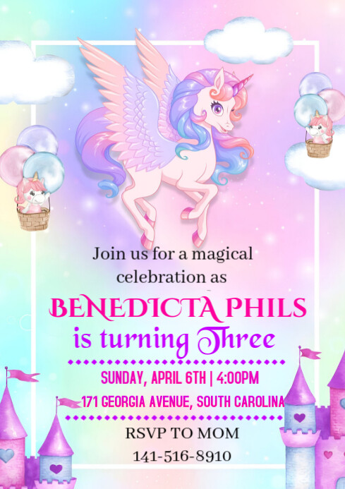Purple Joyful Unicorn Birthday Party Invitation Flyer A4 Template ...