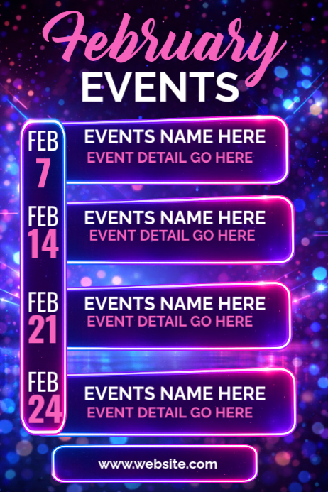 Plantilla de Purple List-based February Events Flyer Template – Neon ...