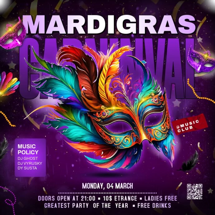 Purple List-based Mardigras Masquerade Instagram Post Template ...