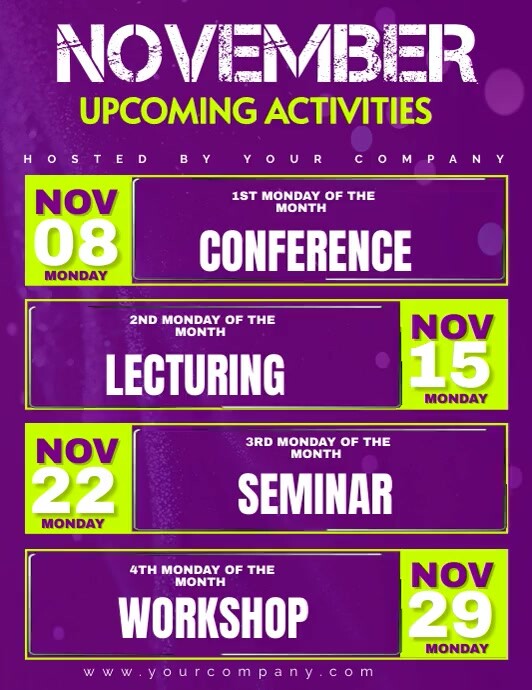 Purple List-based Upcoming Activities Flyer Template | PosterMyWall