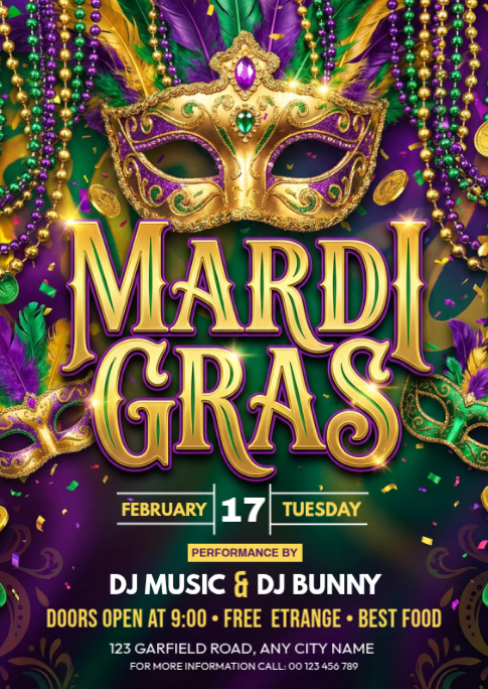 Purple Mardi Gras Celebration A6 Template | PosterMyWall