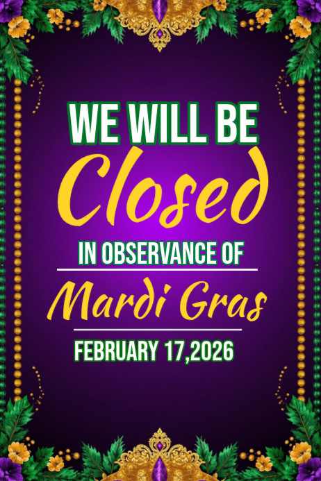 Plantilla de Purple Mardi Gras Closure Notice Poster | PosterMyWall