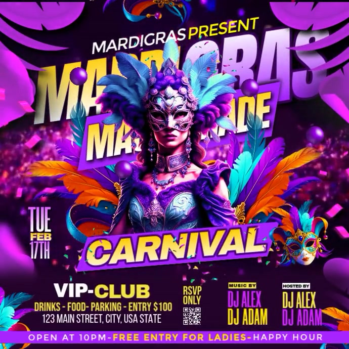Purple Mardi Gras Masquerade Instagram Post Video Template | PosterMyWall