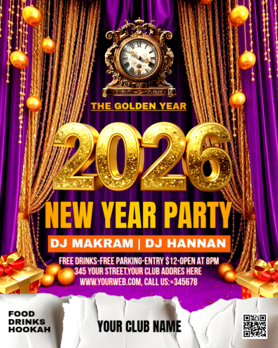 Purple Maximalist 2026 New Year Party Flyer Instagram Portrait Template ...