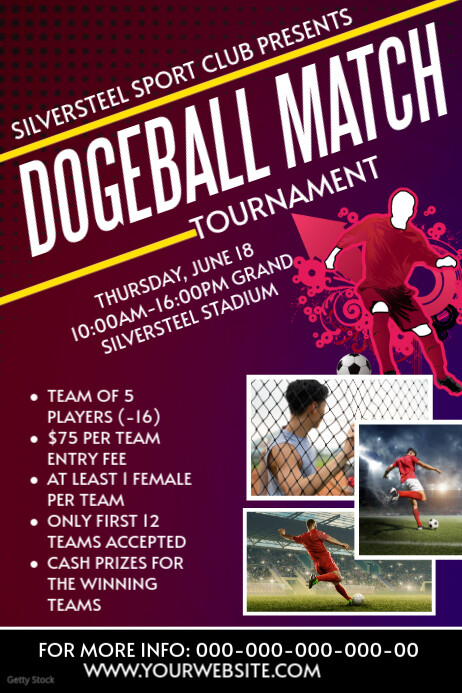Purple Maximalist Dodgeball Tournament Poster Template | PosterMyWall