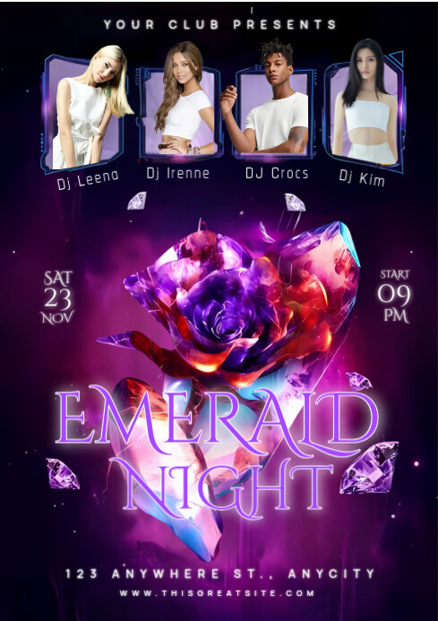 Purple Maximalist Emerald Night Party A4 Template | PosterMyWall