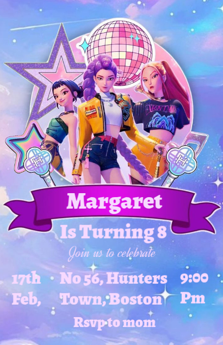 Plantilla de Purple Maximalist Kpop Demon Hunters Birthday Invitation ...