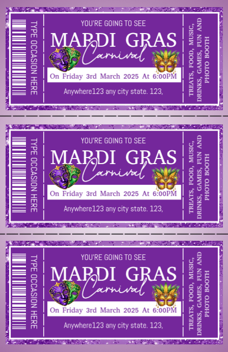Copy of Purple Maximalist Mardi Gras Carnival Entry Ticket Tabloid ...