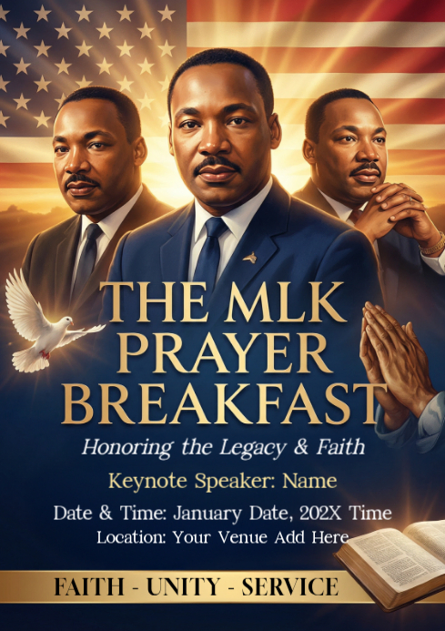 Plantilla de Purple Maximalist Mlk Prayer Breakfast A4 | PosterMyWall