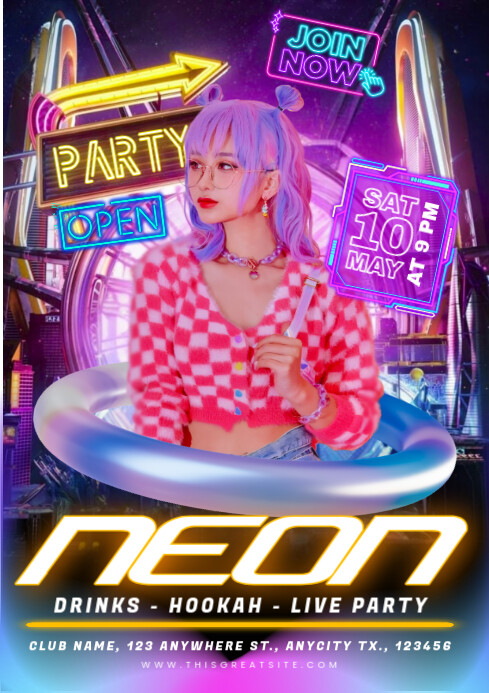 Purple Maximalist Neon Night Party A4 Template | PosterMyWall