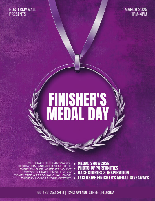 Purple Modern & Minimal Finisher's Medal Day Celebration Event Flyer ...