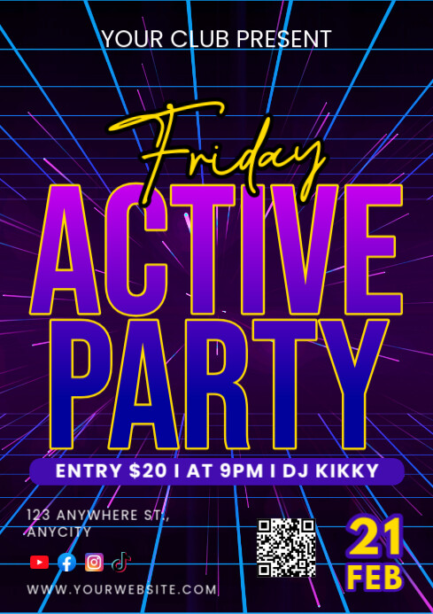 Purple Modern & Minimal Friday Active Party A3 Template | PosterMyWall