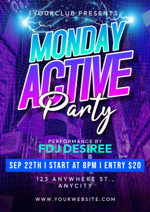 Purple Modern & Minimal Monday Active Party A1 Template | PosterMyWall