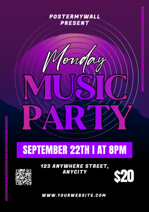 Purple Modern & Minimal Monday Music Party A4 Template | PosterMyWall