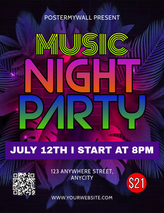 Purple Modern & Minimal Music Night Party Pamflet (letter As) Template ...