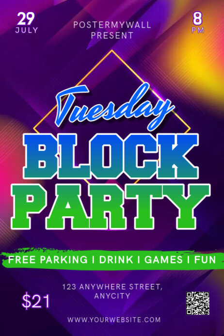 Purple Modern & Minimal Tuesday Block Party Poster Template | PosterMyWall