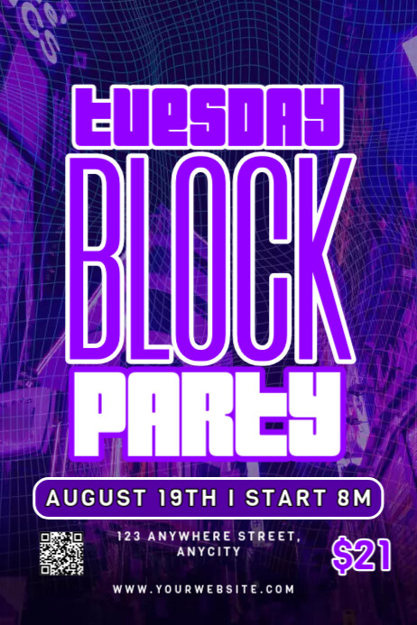 Purple Modern & Minimal Tuesday Block Party Poster Template | PosterMyWall
