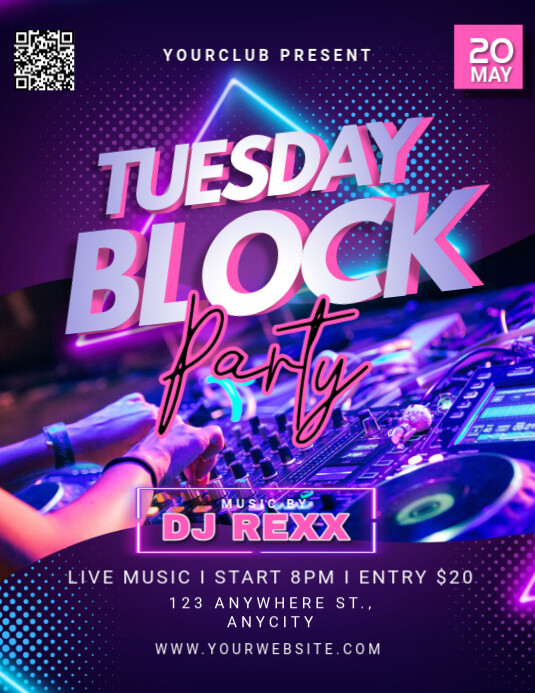 Plantilla de Purple Modern & Minimal Tuesday Block Party Pamflet ...